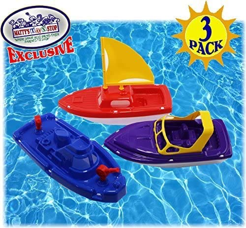 Matty's Toy Stop Plastic Boats Set Sailboat (Red), Speedboat (Purple) & Fireboat (Blue) Gift Set Bundle, Perfect Bath, Pool, Beach Etc. - 3 Pack