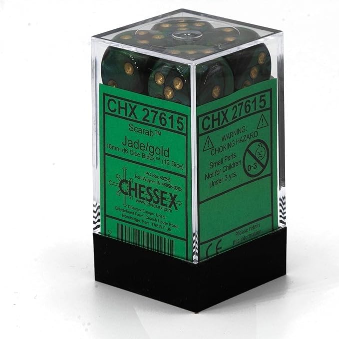 Chessex Dice DND Dice Set-Chessex D&D Dice-16mm Borealis Scarab Jade and Gold Plastic Polyhedral Dice Set-Dungeons and Dragons Dice Includes 12 Dice – D6, Various (CHX27615)