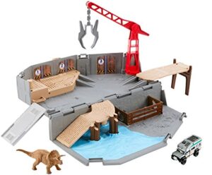 jurassic world toys matchbox harbor rescue playset, dock, ramps, crane, habitat pen, push button trigger, triceratops dino action figure, off road vehicle, folds up for easy storage, portable