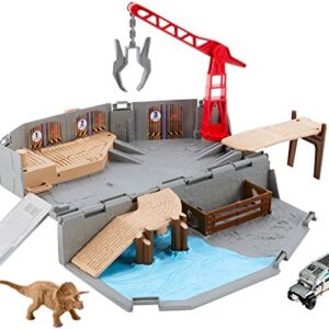 Jurassic World Toys Matchbox Harbor Rescue Playset, Dock, Ramps, Crane, Habitat Pen, Push Button Trigger, Triceratops Dino Action Figure, Off Road vehicle, Folds Up for Easy Storage, Portable