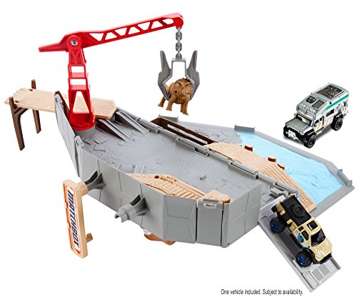 Jurassic World Toys Matchbox Harbor Rescue Playset, Dock, Ramps, Crane, Habitat Pen, Push Button Trigger, Triceratops Dino Action Figure, Off Road vehicle, Folds Up for Easy Storage, Portable