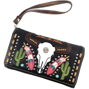 Justin West Native Longhorn Cow Skull Cactus Feather Color Conceal Carry Shoulder Handbag Purse | Trifold Wallet (Black Purse Wallet Set)