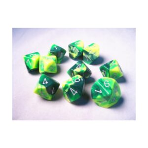 dnd dice set-chessex d&d dice-16mm gemini green, yellow, and silver plastic polyhedral dice set-dungeons and dragons dice includes 10 dice – d10