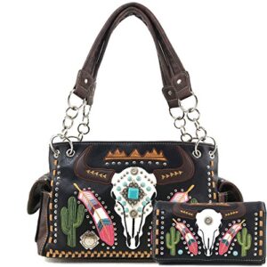 justin west native longhorn cow skull cactus feather color conceal carry shoulder handbag purse | trifold wallet (black purse wallet set)