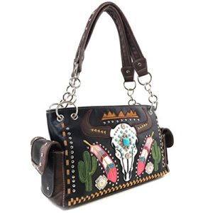 Justin West Native Longhorn Cow Skull Cactus Feather Color Conceal Carry Shoulder Handbag Purse | Trifold Wallet (Black Purse Wallet Set)