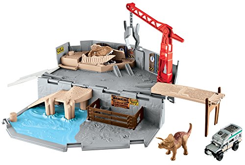 Jurassic World Toys Matchbox Harbor Rescue Playset, Dock, Ramps, Crane, Habitat Pen, Push Button Trigger, Triceratops Dino Action Figure, Off Road vehicle, Folds Up for Easy Storage, Portable