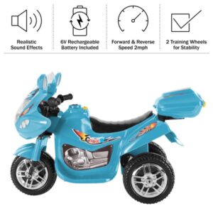 Lil' Rider Electric Motorcycle for Kids ? 3-Wheel Trike - Battery Powered Motorbike for Kids Ages 3-6 ? Fun Decals, Reverse, and Headlights (Blue), (80-FL238D-B)