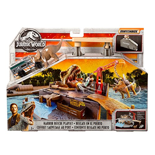 Jurassic World Toys Matchbox Harbor Rescue Playset, Dock, Ramps, Crane, Habitat Pen, Push Button Trigger, Triceratops Dino Action Figure, Off Road vehicle, Folds Up for Easy Storage, Portable