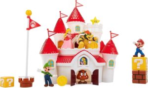 super mario nintendo deluxe mushroom kingdom castle, wall display & playset with (5) 2.5" articulated action figures (exclusive bowser figure, princess peach, mario, luigi & goomba)