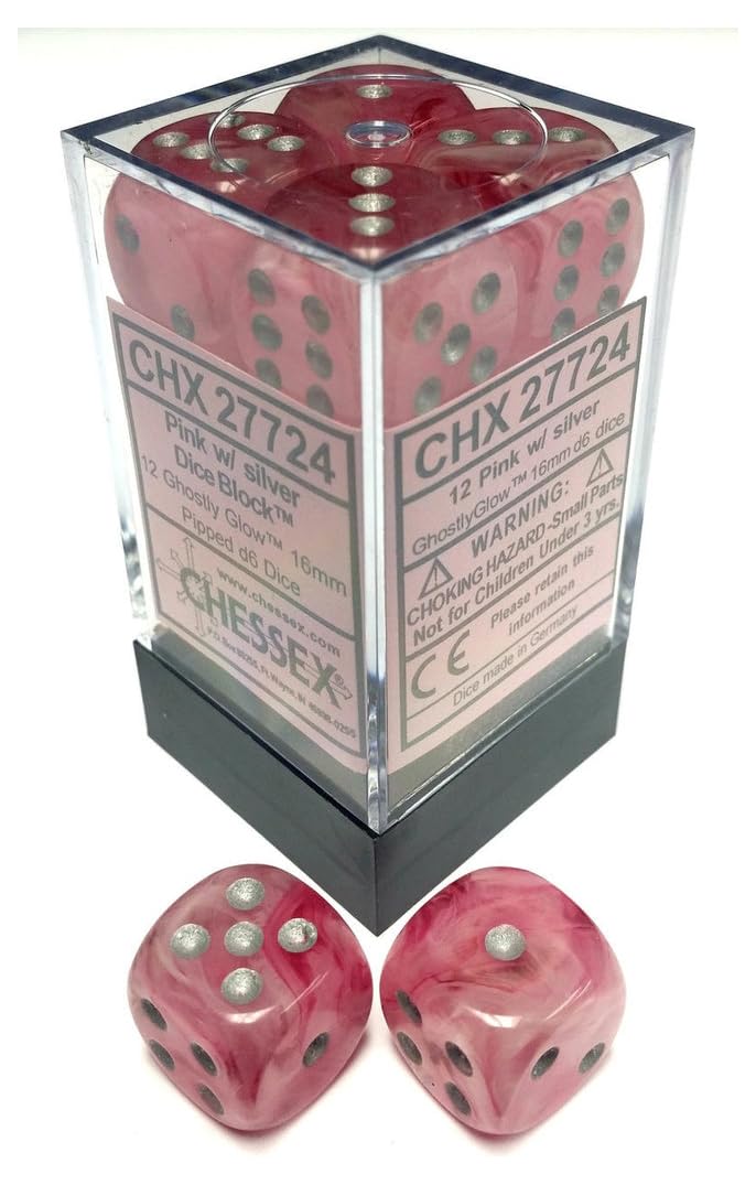 Chessex DND Dice Set-16mm Ghostly Glow Pink and Silver Plastic Polyhedral Dice Set-Dungeons and Dragons Dice Includes 12 Dice – D6, Various (CHX27724)