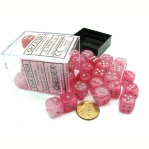 dnd dice set-chessex d&d dice-12mm ghostly glow pink and silver polyhedral dice set-dungeons and dragons dice includes 36 dice – d6 (chx27924)