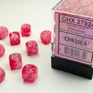 Chessex DND Dice Set-16mm Ghostly Glow Pink and Silver Plastic Polyhedral Dice Set-Dungeons and Dragons Dice Includes 12 Dice – D6, Various (CHX27724)