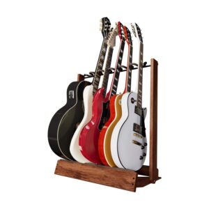 string swing guitar stand, multi guitar rack for acoustic, electric, bass guitars, hand welded steel & black walnut hardwood, padded guitar holders, guitar stands floor - usa made