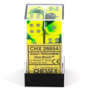 DND Dice Set-Chessex D&D Dice-16mm Gemini Green, Yellow, and Silver Plastic Polyhedral Dice Set-Dungeons and Dragons Dice Includes 12 Dice – D6, Various (CHX26654)