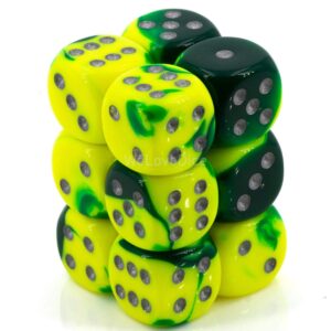 DND Dice Set-Chessex D&D Dice-16mm Gemini Green, Yellow, and Silver Plastic Polyhedral Dice Set-Dungeons and Dragons Dice Includes 12 Dice – D6, Various (CHX26654)