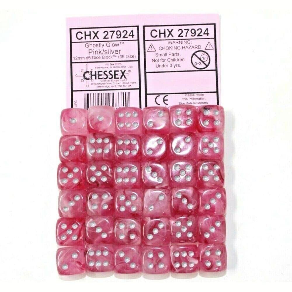 DND Dice Set-Chessex D&D Dice-12mm Ghostly Glow Pink and Silver Polyhedral Dice Set-Dungeons and Dragons Dice Includes 36 Dice – D6 (CHX27924)