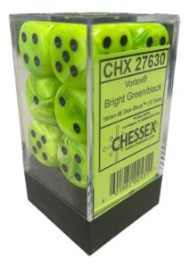 dnd dice set-chessex d&d dice-16mm vortex bight green and black plastic polyhedral dice set-dungeons and dragons dice includes 12 dice – d6, various, one size (chx27630)