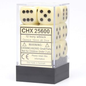 chessex 25600 opaque 16mm d6 dice block, ivory and black