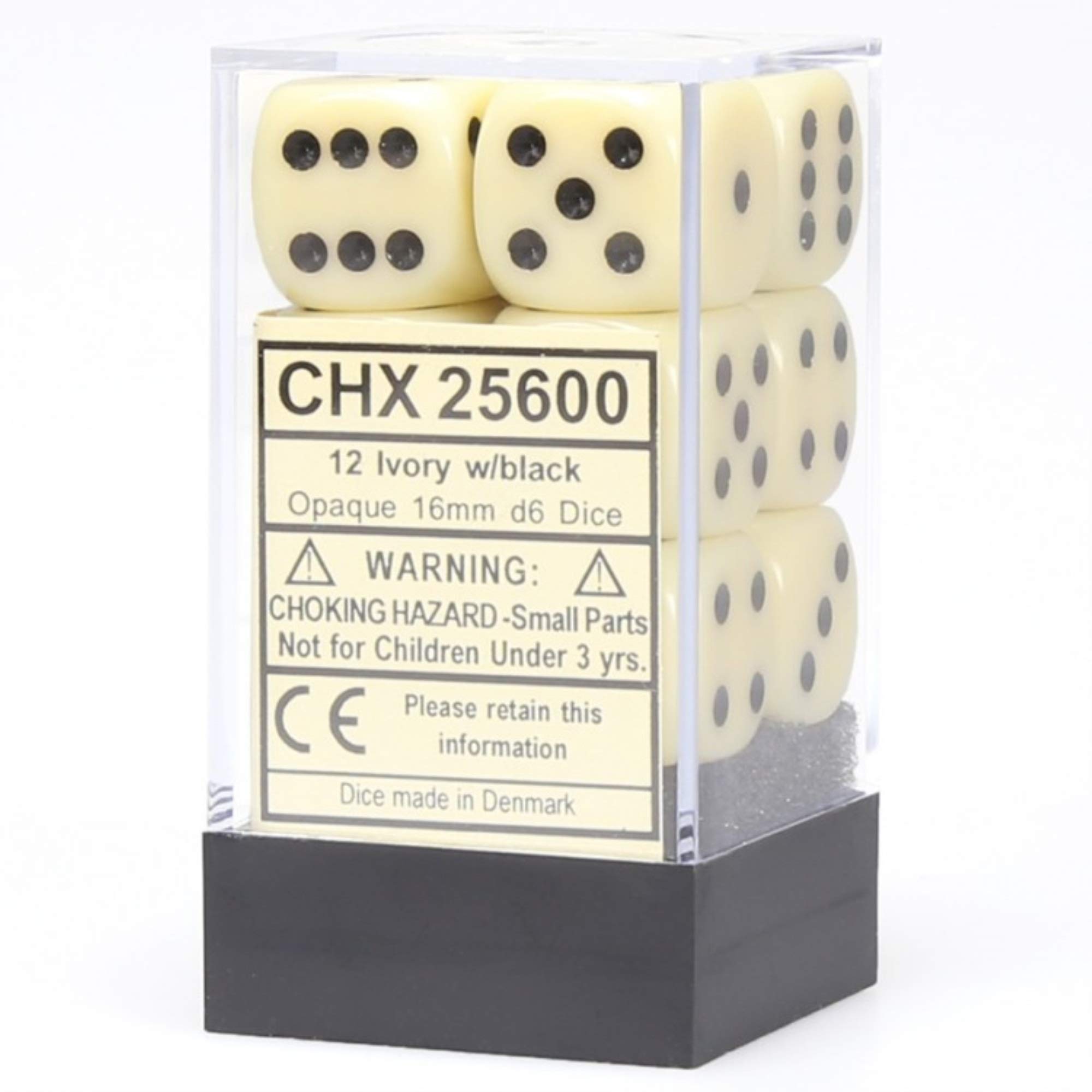 Chessex 25600 Opaque 16mm d6 Dice Block, Ivory and Black