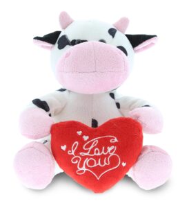 dollibu i love you valentine pink cow plush - fluffy cow stuffed animal with red i love you plush heart and name personalization gift for valentines day, birthday, anniversary, romantic date - 6 inch