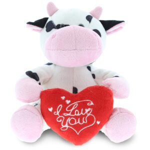 DolliBu I Love You Valentine Pink Cow Plush - Fluffy Cow Stuffed Animal with Red I Love You Plush Heart and Name Personalization Gift for Valentines Day, Birthday, Anniversary, Romantic Date - 6 Inch