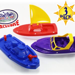 Matty's Toy Stop Plastic Boats Set Sailboat (Red), Speedboat (Purple) & Fireboat (Blue) Gift Set Bundle, Perfect Bath, Pool, Beach Etc. - 3 Pack