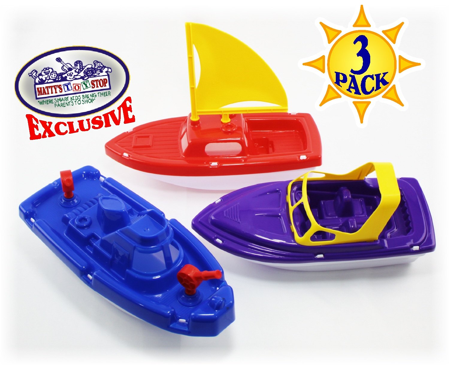 Matty's Toy Stop Plastic Boats Set Sailboat (Red), Speedboat (Purple) & Fireboat (Blue) Gift Set Bundle, Perfect Bath, Pool, Beach Etc. - 3 Pack