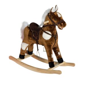 qaba kids metal plush ride-on rocking horse chair toy with nursery rhyme music - dark brown