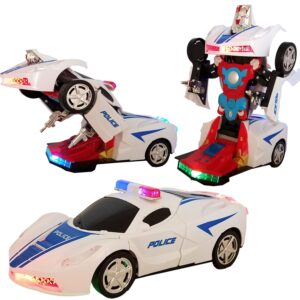 battery operated bump and go transforming toys for kids -auto transforming auto robots action figure and toy vehicles - realistic engine sounds & beautiful flash lights (white police car)