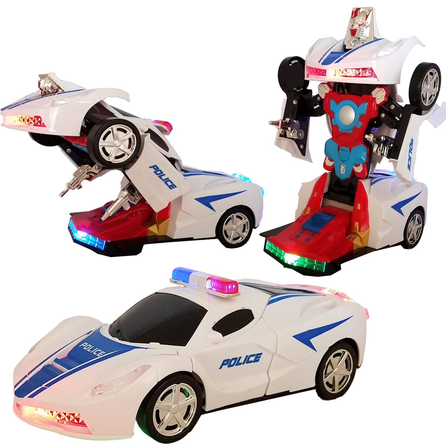 Battery Operated Bump and Go Transforming Toys for Kids -Auto Transforming Auto Robots Action Figure and Toy Vehicles - Realistic Engine Sounds & Beautiful Flash Lights (White Police Car)