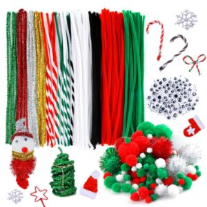 caydo christmas pipe cleaners set, including 120pcs christmas pipe cleaners, 6 sizes pom poms and 4 sizes wiggle eyes for kids diy arts & crafts projects and christmas decorations