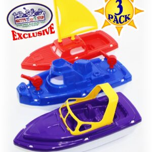 Matty's Toy Stop Plastic Boats Set Sailboat (Red), Speedboat (Purple) & Fireboat (Blue) Gift Set Bundle, Perfect Bath, Pool, Beach Etc. - 3 Pack