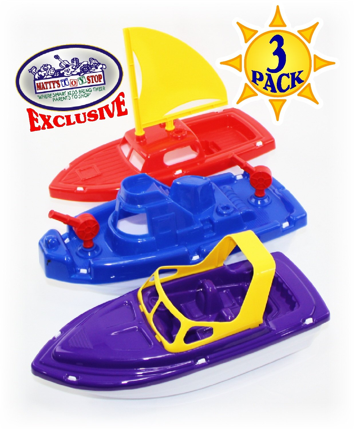 Matty's Toy Stop Plastic Boats Set Sailboat (Red), Speedboat (Purple) & Fireboat (Blue) Gift Set Bundle, Perfect Bath, Pool, Beach Etc. - 3 Pack