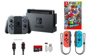 nintendo switch bundle (7 items): 32gb console gray joy-con, 128gb micro sd, joy-con (l/r)-neon red/neon blue, game disc super mario odyssey, and type c cable