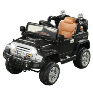 aosom 12v kids ride on truck, off-road electric car with mp3 connection, working horn, steering wheel, and remote control, black