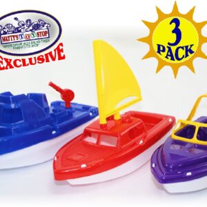 Matty's Toy Stop Plastic Boats Set Sailboat (Red), Speedboat (Purple) & Fireboat (Blue) Gift Set Bundle, Perfect Bath, Pool, Beach Etc. - 3 Pack