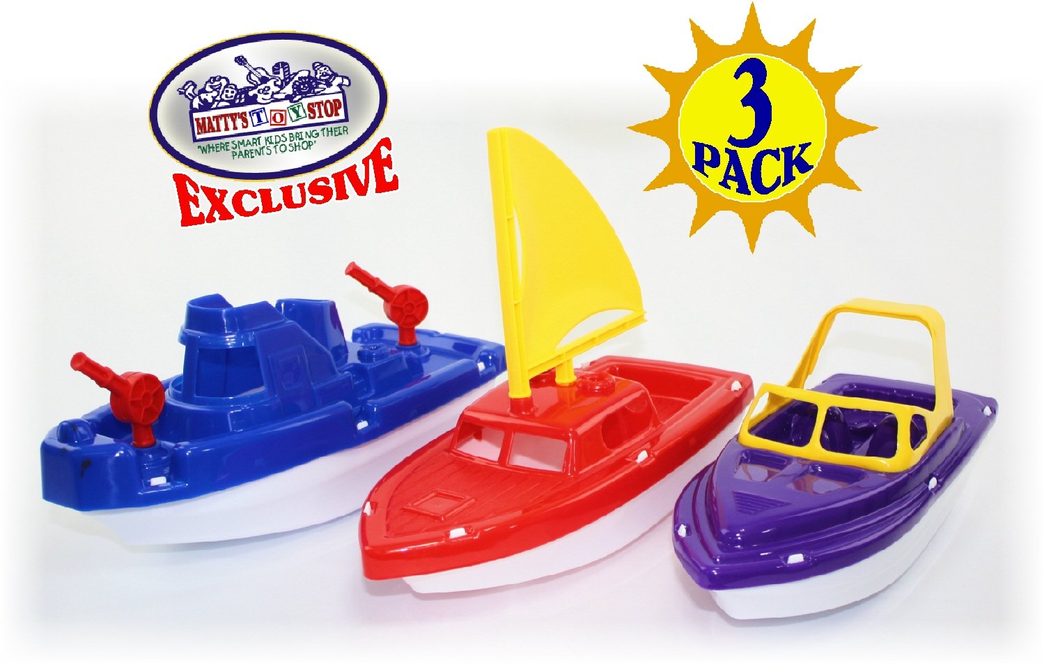 Matty's Toy Stop Plastic Boats Set Sailboat (Red), Speedboat (Purple) & Fireboat (Blue) Gift Set Bundle, Perfect Bath, Pool, Beach Etc. - 3 Pack