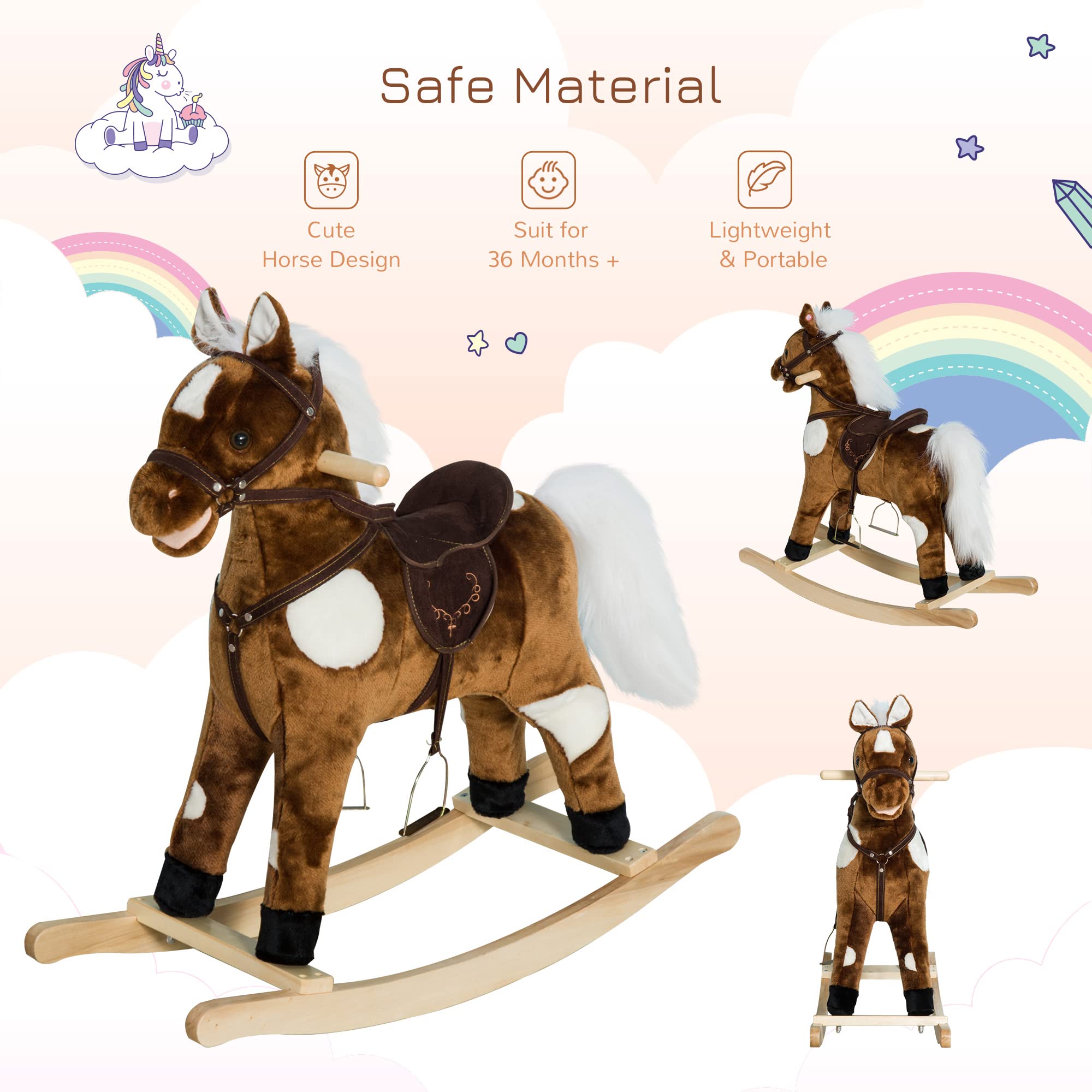 Qaba Kids Metal Plush Ride-On Rocking Horse Chair Toy with Nursery Rhyme Music - Dark Brown