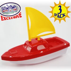 Matty's Toy Stop Plastic Boats Set Sailboat (Red), Speedboat (Purple) & Fireboat (Blue) Gift Set Bundle, Perfect Bath, Pool, Beach Etc. - 3 Pack