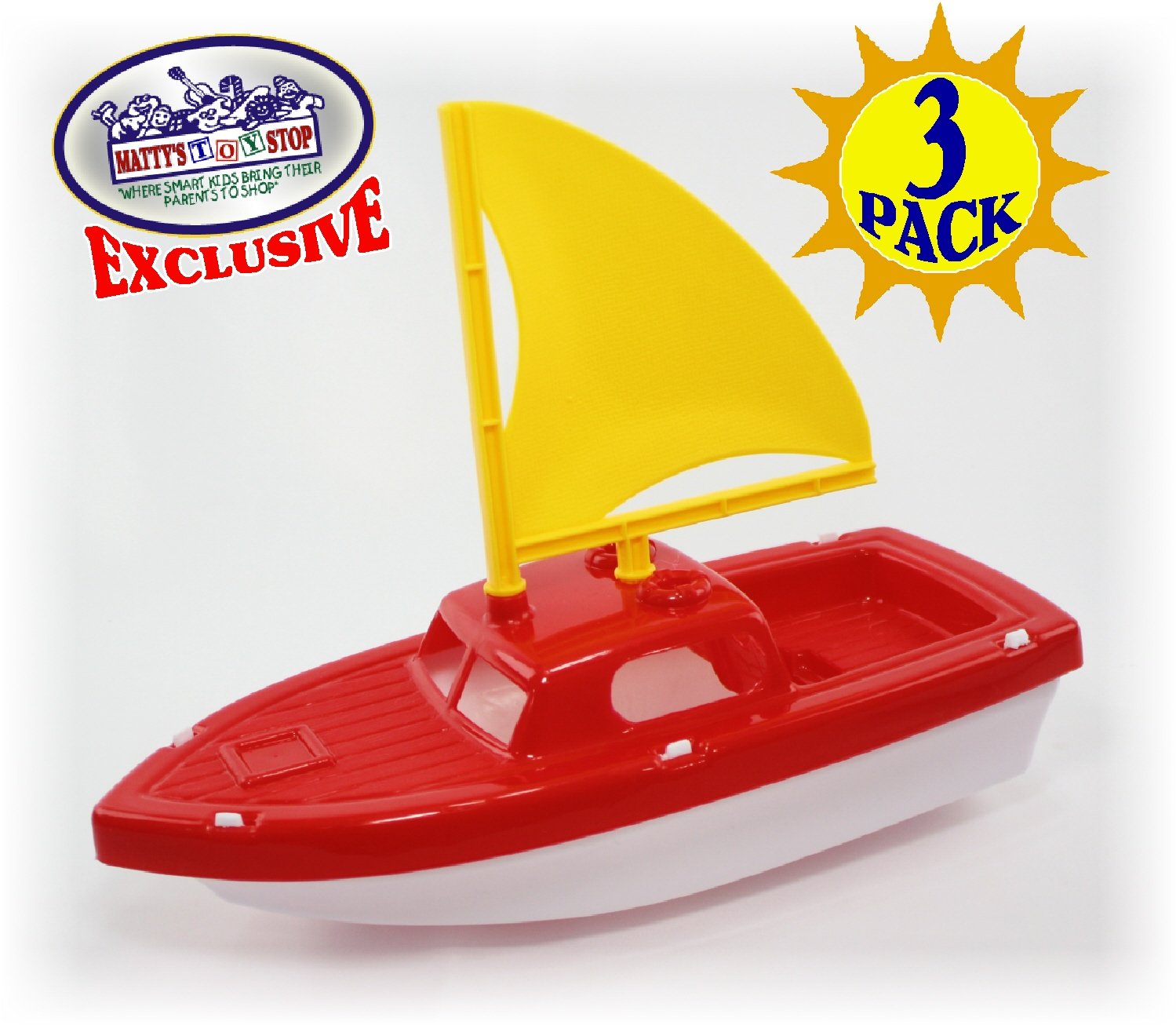 Matty's Toy Stop Plastic Boats Set Sailboat (Red), Speedboat (Purple) & Fireboat (Blue) Gift Set Bundle, Perfect Bath, Pool, Beach Etc. - 3 Pack