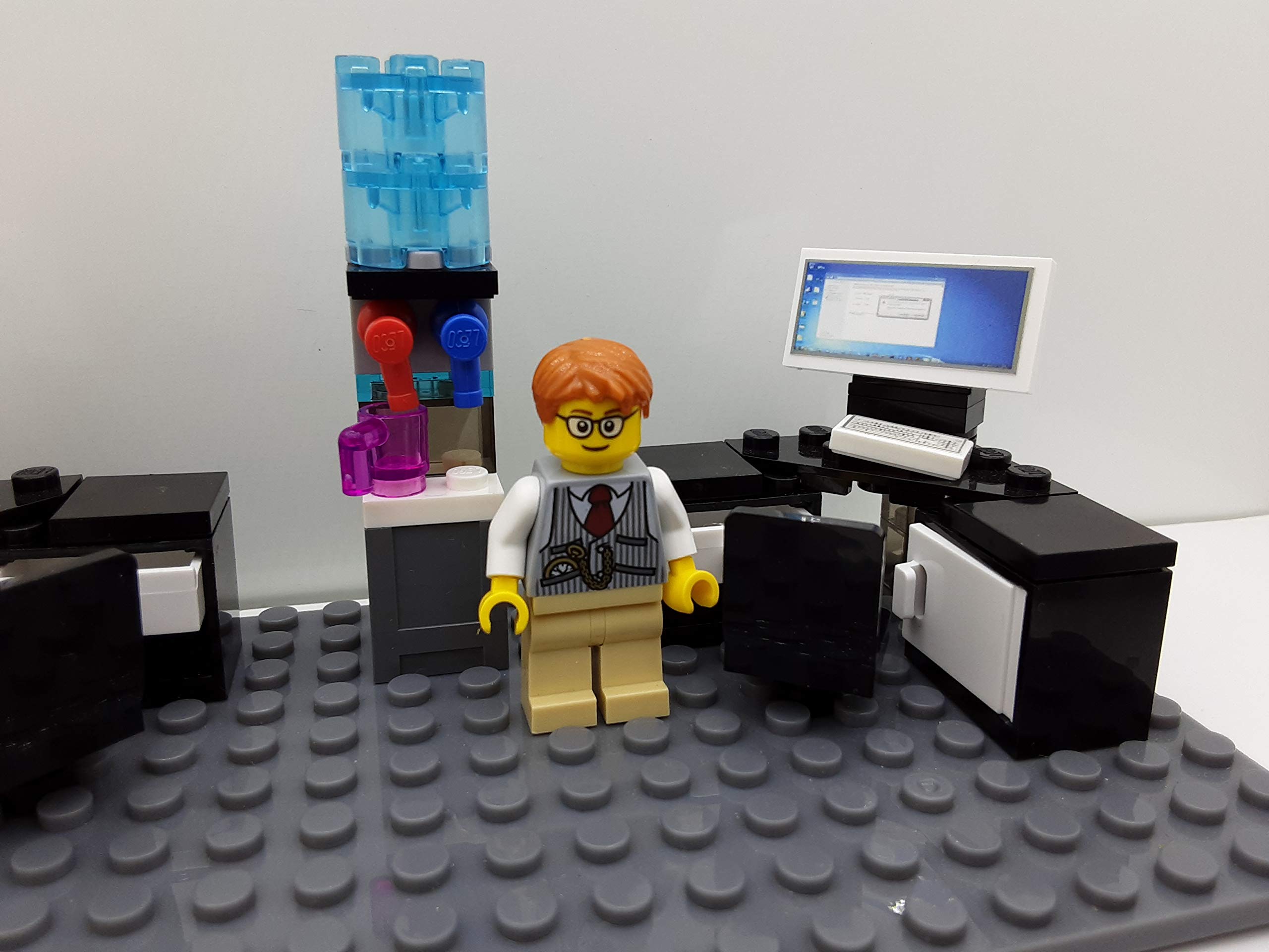 CUSTOM TOYS & HOBBIES INC Building Bricks Businessman Lawyer Full Office Setup 2 L Desks Keyboards Computers Water Cooler & Minifigure Miniature AFOL Holiday Birthday Gift for Kids