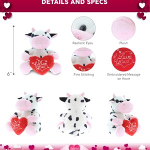 DolliBu I Love You Valentine Pink Cow Plush - Fluffy Cow Stuffed Animal with Red I Love You Plush Heart and Name Personalization Gift for Valentines Day, Birthday, Anniversary, Romantic Date - 6 Inch