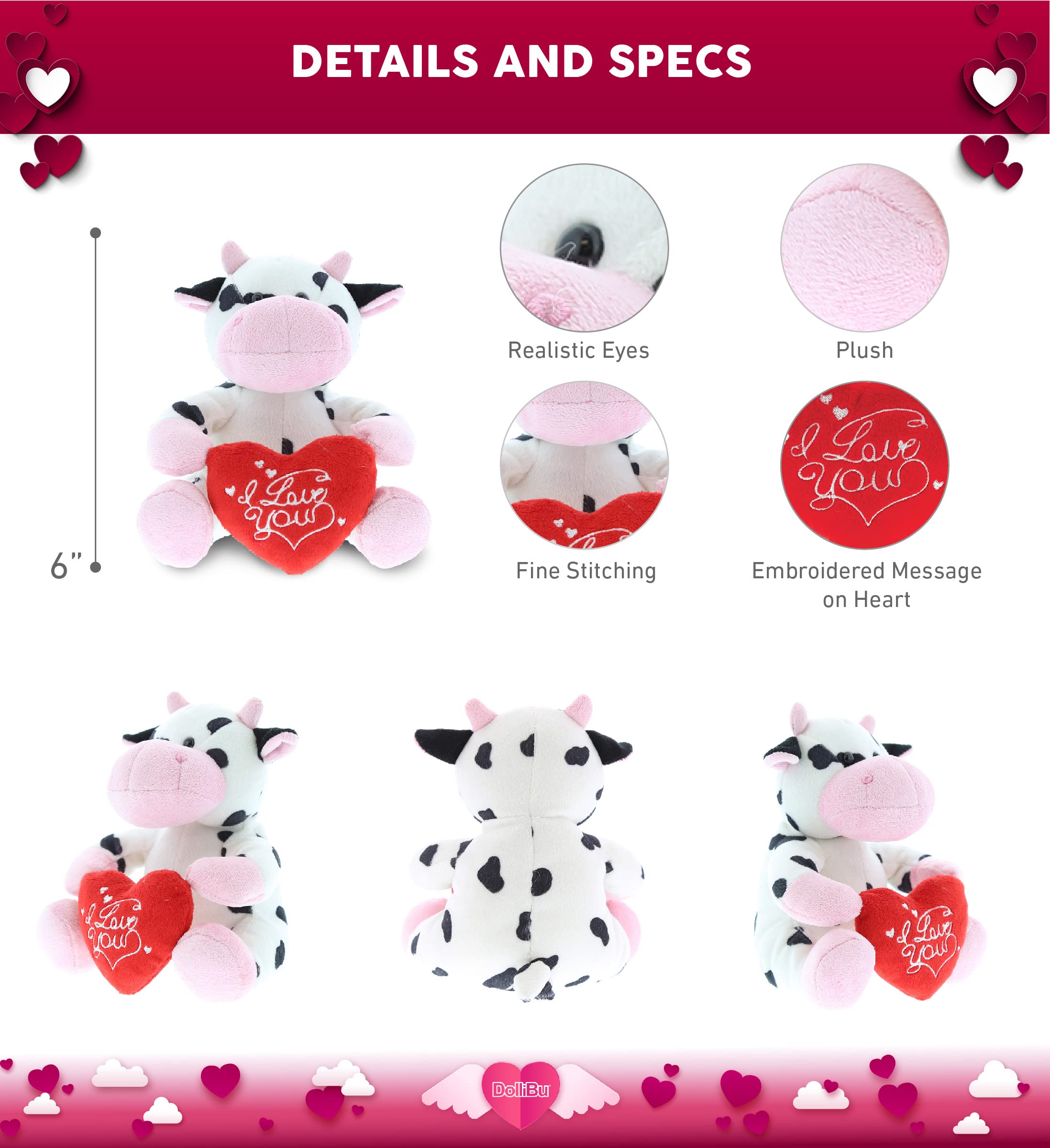 DolliBu I Love You Valentine Pink Cow Plush - Fluffy Cow Stuffed Animal with Red I Love You Plush Heart and Name Personalization Gift for Valentines Day, Birthday, Anniversary, Romantic Date - 6 Inch