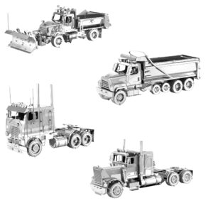 fascinations metal earth 3d metal model kits freightliner set of 4 - long nose truck - coe truck - dump truck - snow plow