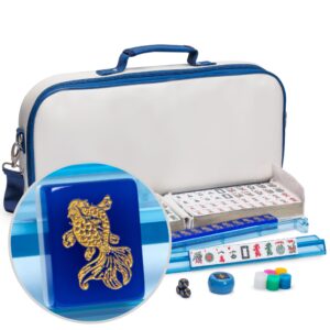 yellow mountain imports american mahjong set, koi fish with soft white leatherette case, four acrylic all-in-one racks with pushers, wind indicator, dice, and wright patterson count scoring coins