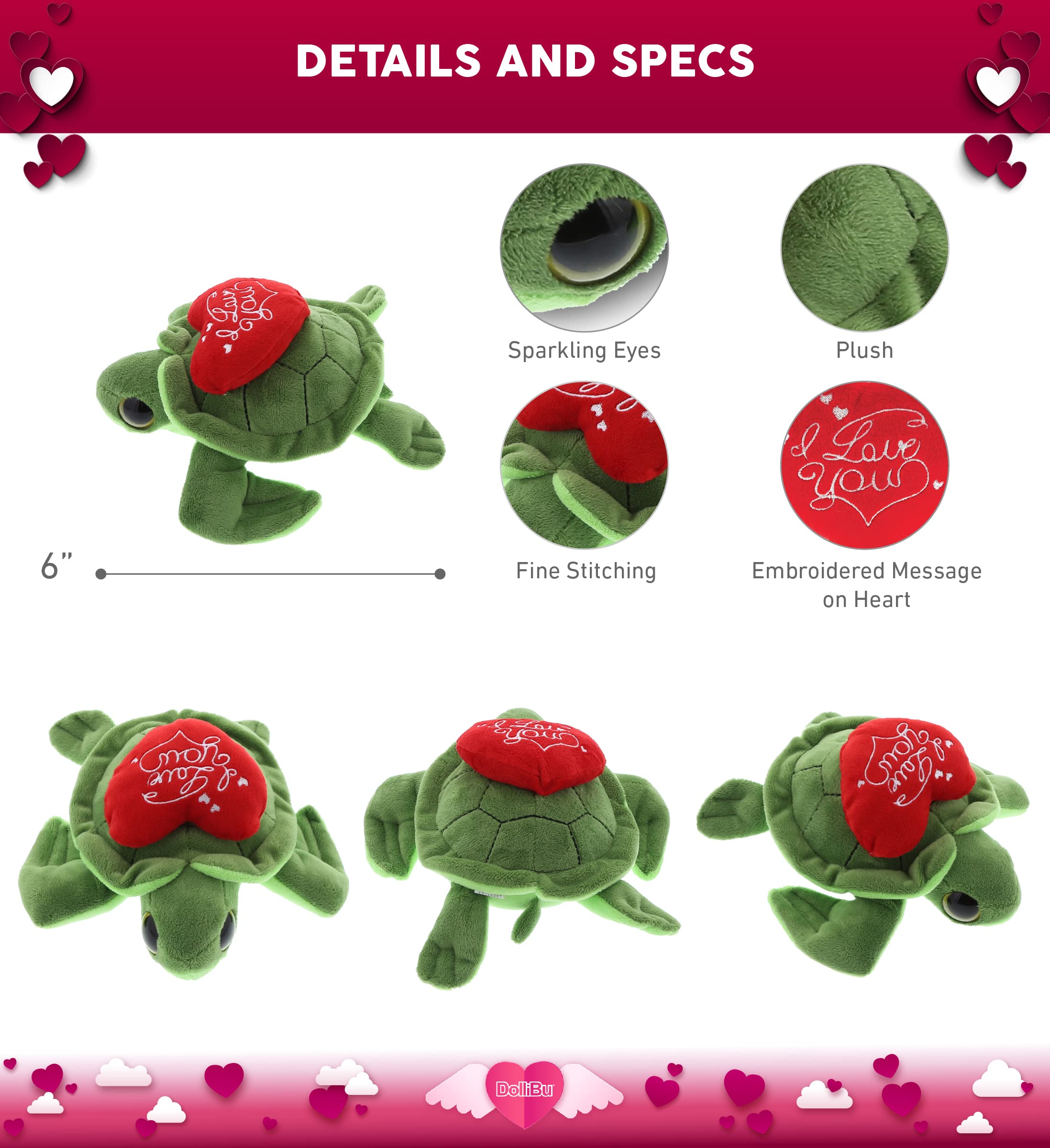 DolliBu I Love You Valentine Plush Big Eye Sea Turtle - Cute Turtle Stuffed Animal with Red Heart and Name Personalization Gift for Valentines Day, Birthday, Anniversary, Romantic Date - 6 Inches