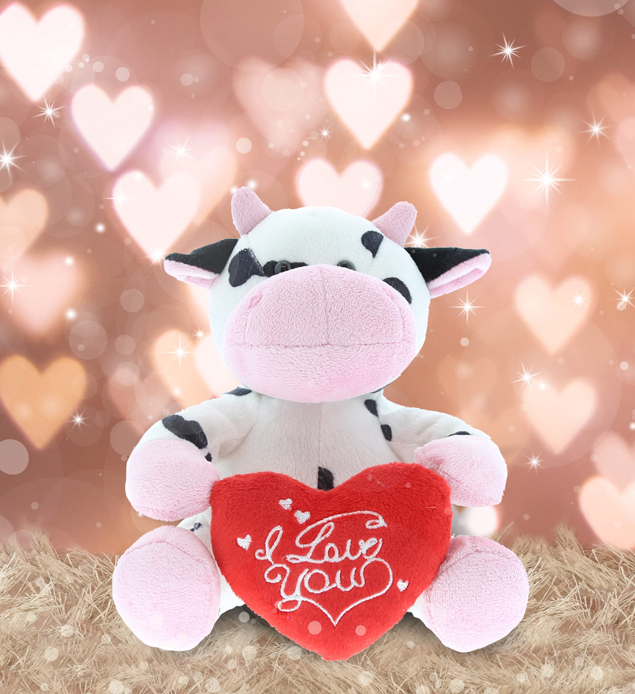 DolliBu I Love You Valentine Pink Cow Plush - Fluffy Cow Stuffed Animal with Red I Love You Plush Heart and Name Personalization Gift for Valentines Day, Birthday, Anniversary, Romantic Date - 6 Inch