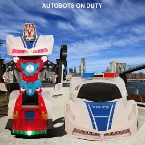 Battery Operated Bump and Go Transforming Toys for Kids -Auto Transforming Auto Robots Action Figure and Toy Vehicles - Realistic Engine Sounds & Beautiful Flash Lights (White Police Car)