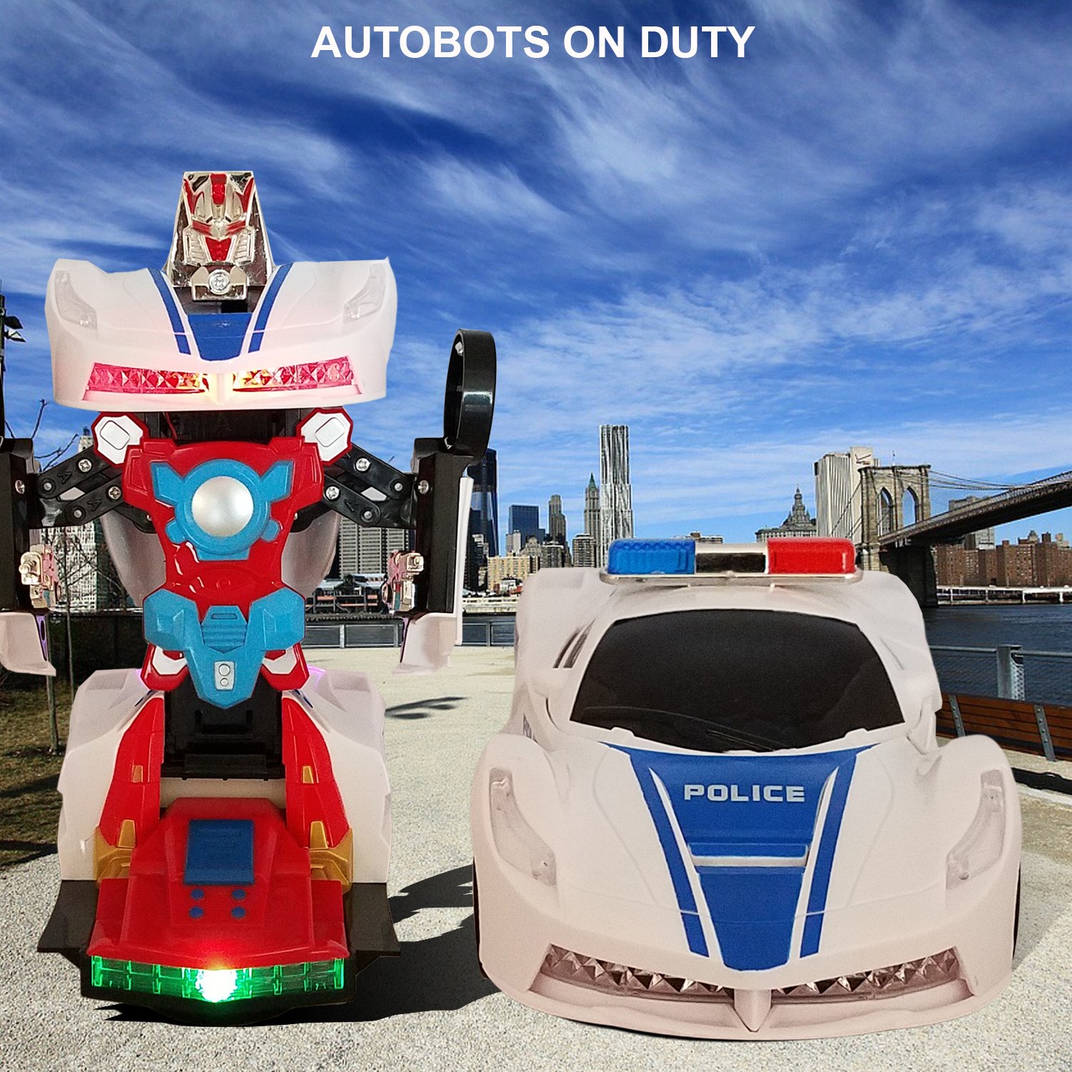 Battery Operated Bump and Go Transforming Toys for Kids -Auto Transforming Auto Robots Action Figure and Toy Vehicles - Realistic Engine Sounds & Beautiful Flash Lights (White Police Car)