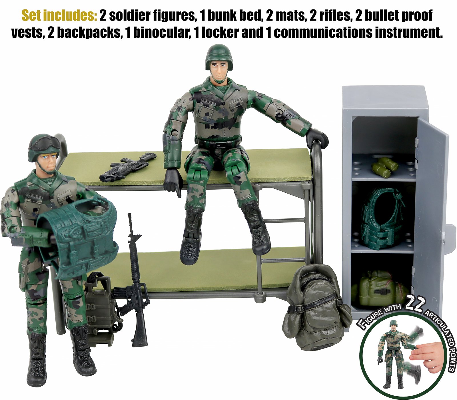 Click N' Play Military Life Living Quarters Bunk Bed - 14 Piece Army Toys Play Set with Accessories